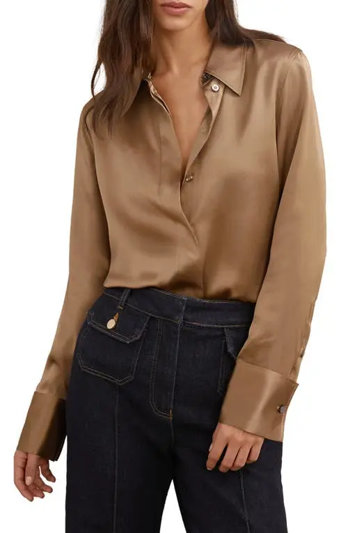REISS Ameira Silk Shirt - Camel