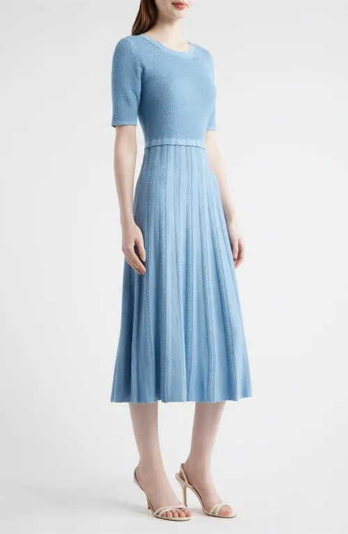 Elie Tahari Vesper Mixed Stitch Midi Sweater Dress - Fountain Blue