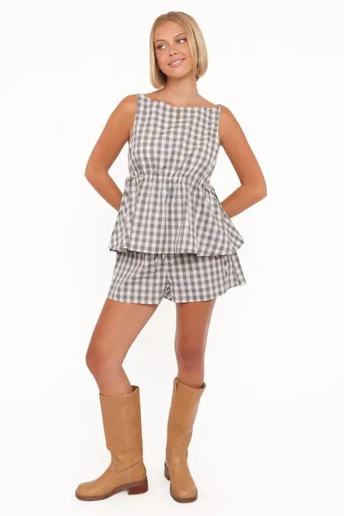 PETAL & PUP Gingham Cotton Peplum Tank - Slate Blue Gingham