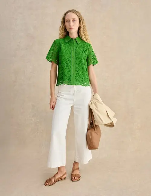 HOBBS LONDON Short Sleeve Eyelet Shirt - Emerald Green