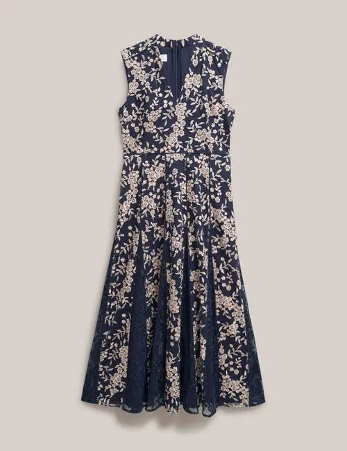 HOBBS LONDON Quin Sleeveless V-neck Embroidered Midi Dress - Midnight Blush