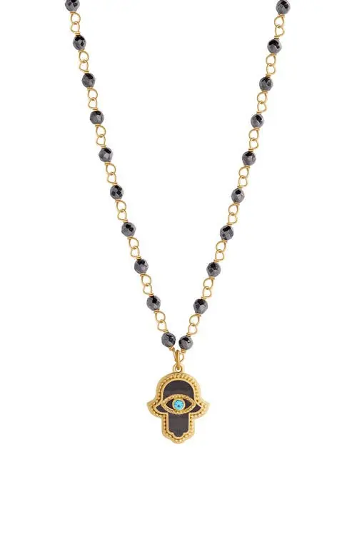 KARMA AND LUCK Hamsa Pendant Hematite Aquamarine Beaded Necklace - Grey/gold