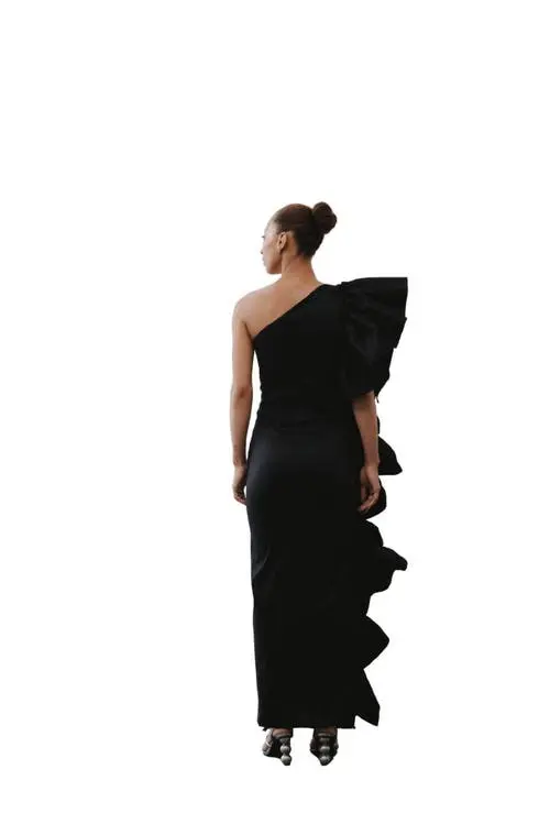 SEZ Sevilla Dress One Shoulder Taffeta Gown With Ruffles - Black