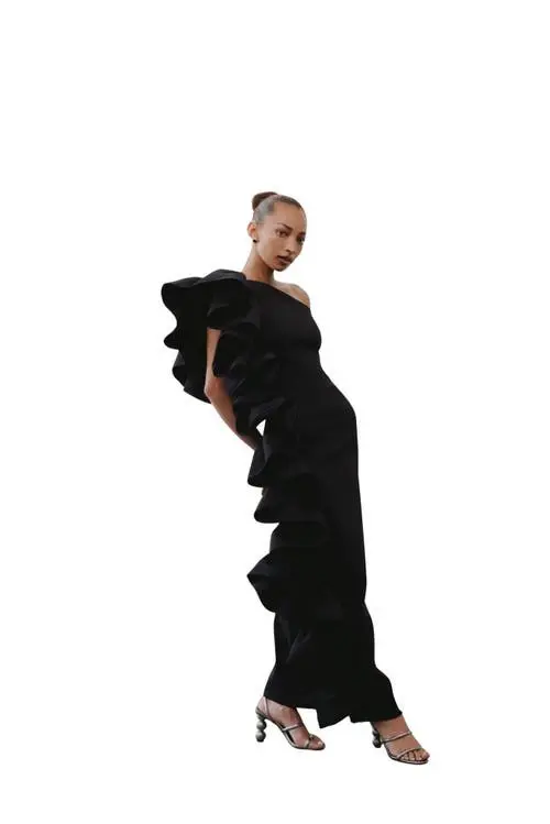SEZ Sevilla Dress One Shoulder Taffeta Gown With Ruffles - Black
