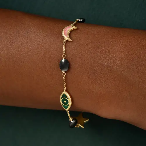KARMA AND LUCK Multi Symbol Gold Plated Charm Bracelet