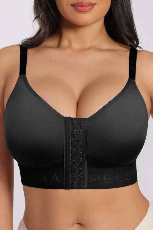SHAPELLX Wireless Front Closure Back Smoothing Unlined Adjustable Strap Everyday Bra - Black