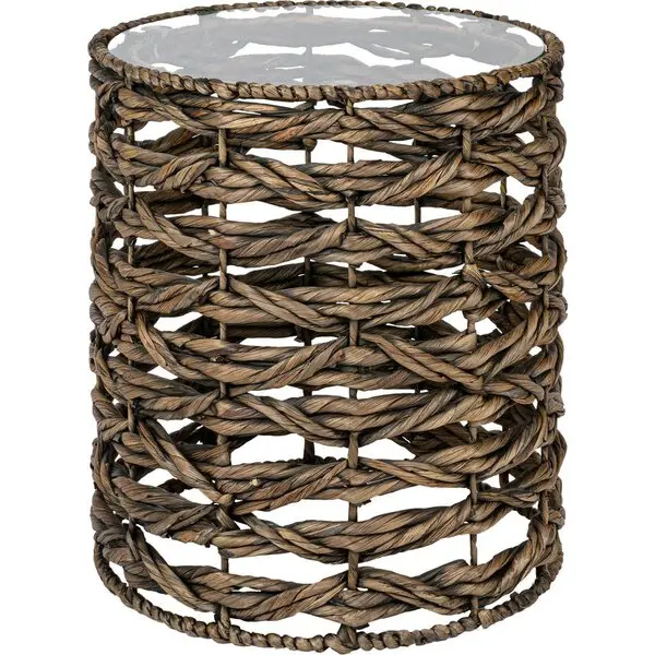 JONATHAN Y Malaya Bohemian Handwoven Round End Table With Glass Top - Brown