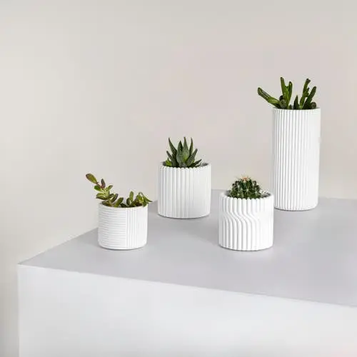 JONATHAN Y Noa Modern Minimalist Handmade Concrete Fluted Cylinder Planter Set - White