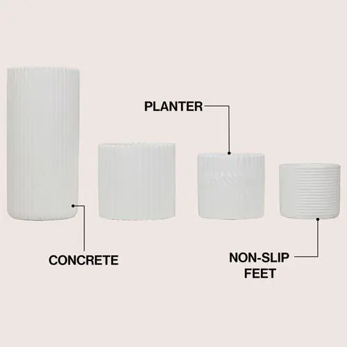 JONATHAN Y Noa Modern Minimalist Handmade Concrete Fluted Cylinder Planter Set - White