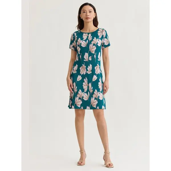 Misook A-line Floral Soft Knit Dress - Spruce