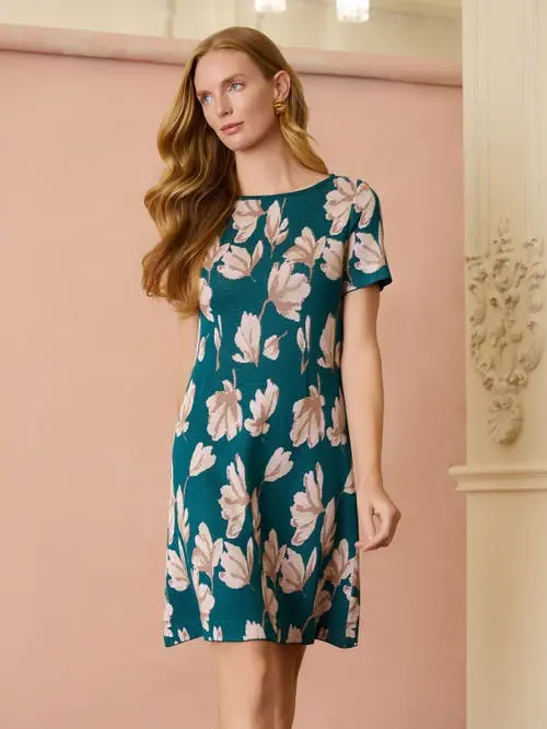 Misook A-line Floral Soft Knit Dress - Spruce