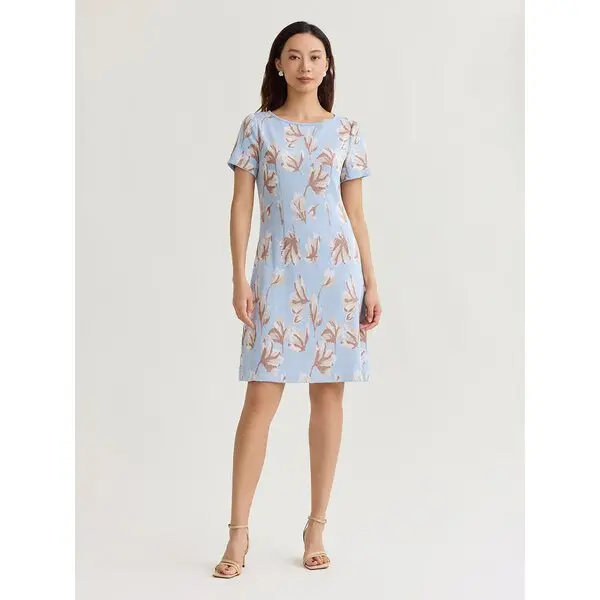 Misook A-line Floral Soft Knit Dress - Tranquil Blue