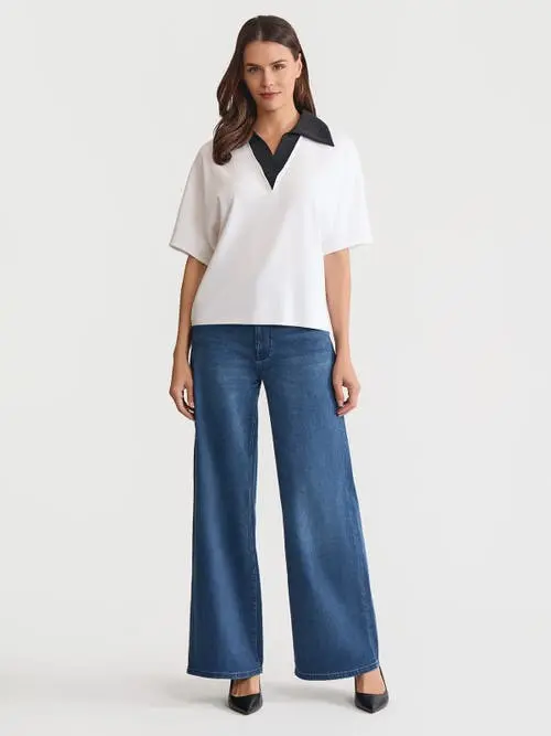 Misook Mixed Media Soft Knit Shirt With Contrasting Collar - White