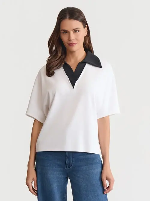 Misook Mixed Media Soft Knit Shirt With Contrasting Collar - White