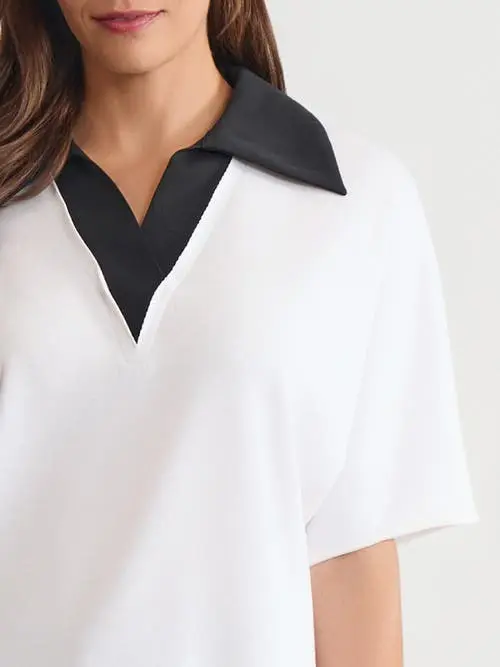 Misook Mixed Media Soft Knit Shirt With Contrasting Collar - White