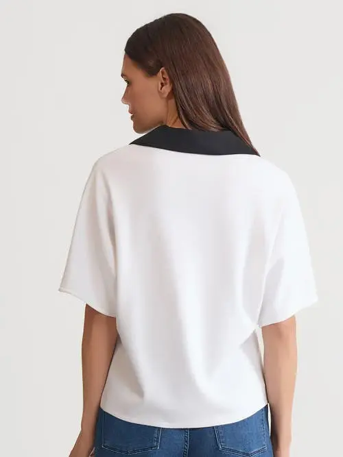 Misook Mixed Media Soft Knit Shirt With Contrasting Collar - White