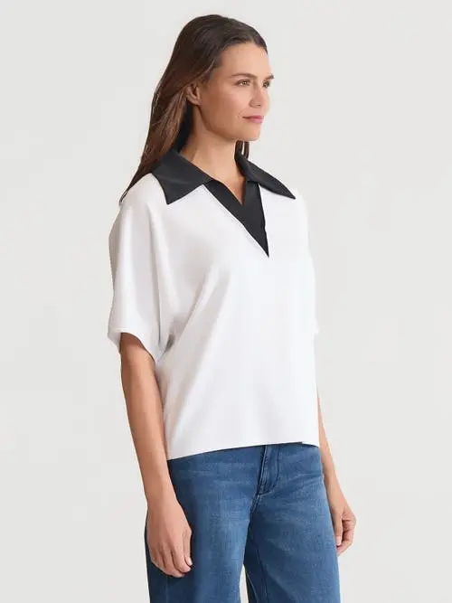 Misook Mixed Media Soft Knit Shirt With Contrasting Collar - White