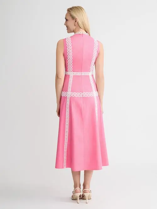 Misook Fit & Flare Cotton Eyelet Trim Maxi Dress - Pink