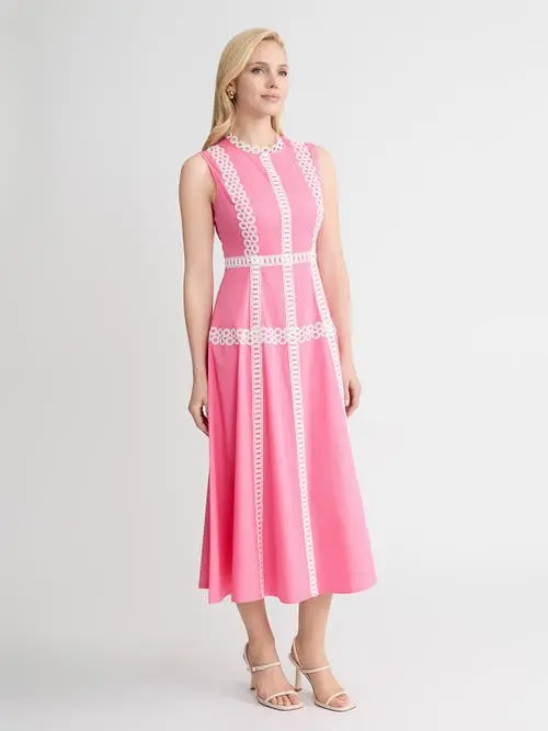 Misook Fit & Flare Cotton Eyelet Trim Maxi Dress - Pink