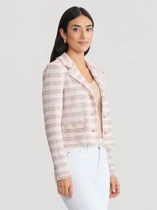 Misook Plaid Fringe Trim Knit Jacket - Biscotti/charmeuse