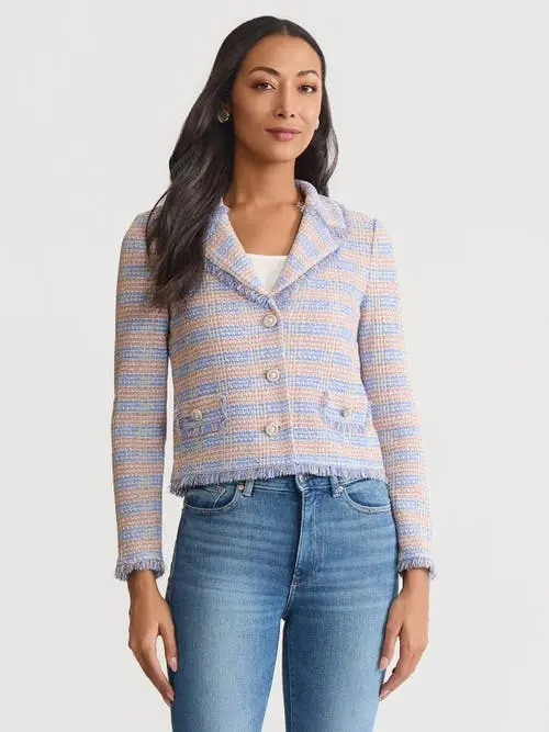 Misook Plaid Fringe Trim Knit Jacket - Tranquil Blue