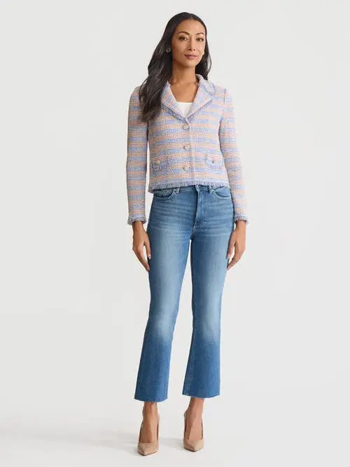 Misook Plaid Fringe Trim Knit Jacket - Tranquil Blue