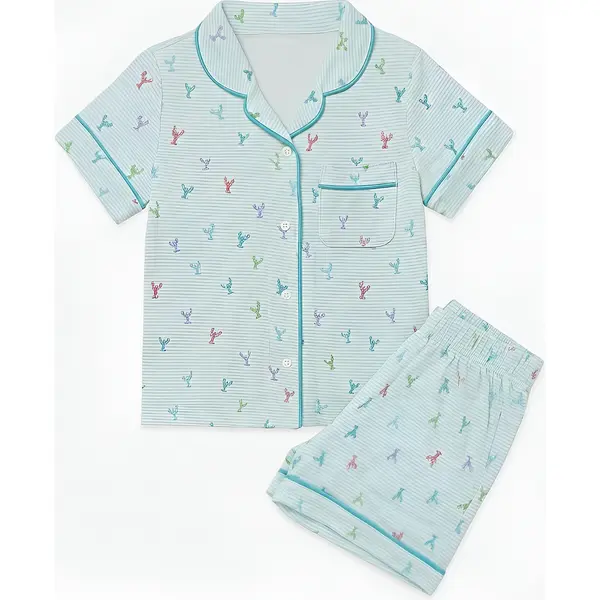 PREPPY GOOSE Multicolor Lobster Print Short Sleeve Jersey Pj - Blue Multi