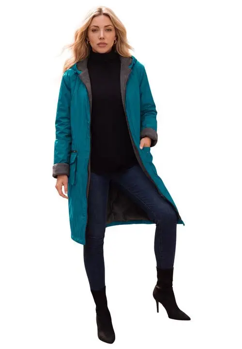 Roaman's Hooded Fleece-lined Nylon Jacket - Deep Teal