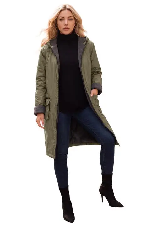Roaman's Hooded Fleece-lined Nylon Jacket - Green Khaki