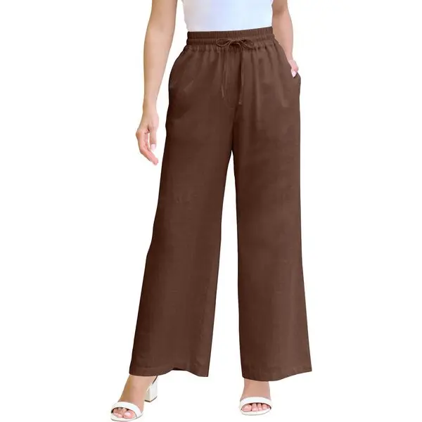 Roaman's Linen Wide Leg Pants With Drawstring Waist - Rich Brown