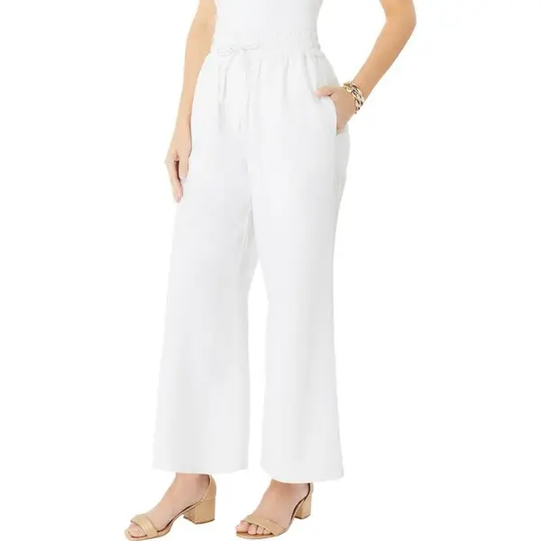 Roaman's Linen Wide Leg Pants With Drawstring Waist - White