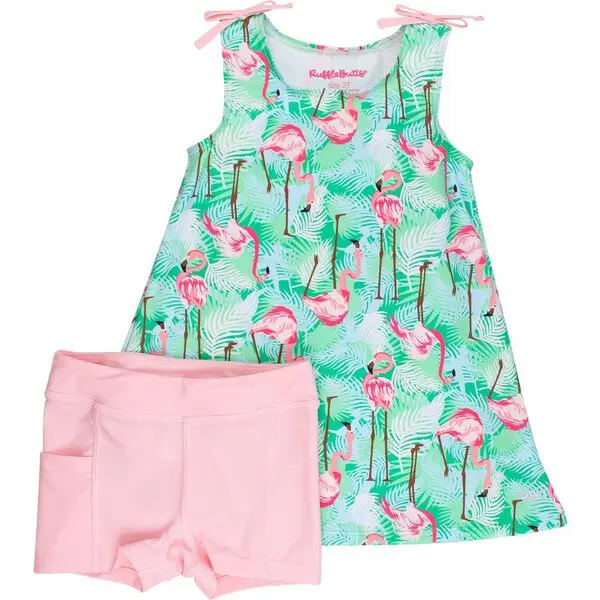 RUFFLEBUTTS Upf 50+ Active A-line Bow Dress & Bike Short Set - Green Vibrant Flamingo