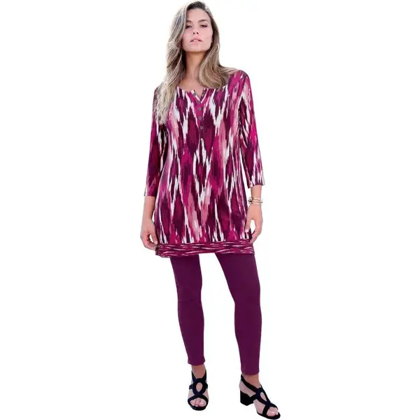 Roaman's Henley Ultra Drape Tunic With 3/4 Sleeves - Raspberry Ikat Diamonds
