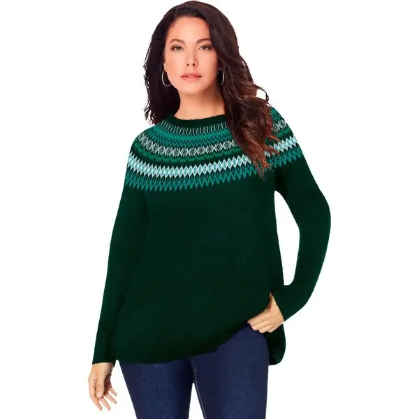 Roaman's Fair Isle Pullover Sweater - Green