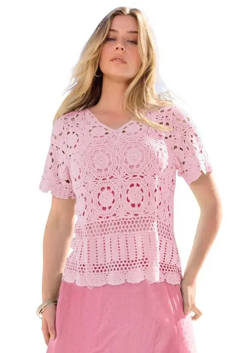 ROAMAN'S Medallion Pattern French Crochet Sweater Top - Primrose