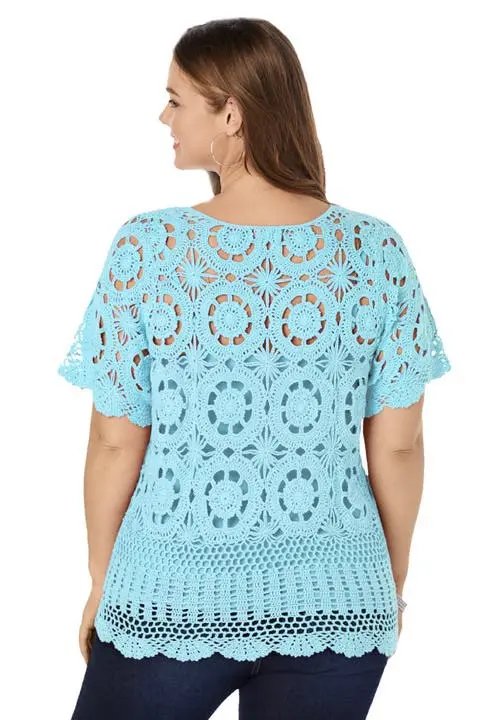 Roaman's Medallion Pattern French Crochet Sweater Top With Scalloped Edges - Primrose