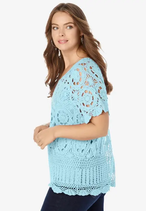 Roaman's Medallion Pattern French Crochet Sweater Top With Scalloped Edges - Primrose