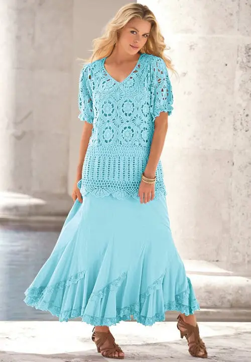 Roaman's Medallion Pattern French Crochet Sweater Top With Scalloped Edges - Primrose