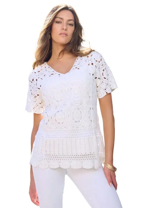 Roaman's Medallion Pattern French Crochet Sweater Top With Scalloped Edges - White