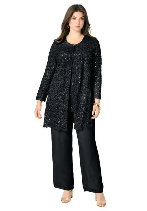 Roaman's 3 Piece Allover Sequin Lace Jacket And Tank Pant Set - Black