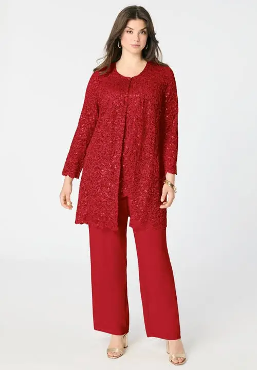 Roaman's Allover Sequin Lace Jacket, Tank, And Pant Set - Classic Red