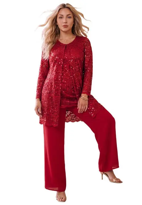 Roaman's 3 Piece Allover Sequin Lace Jacket And Tank Pant Set - Classic Red