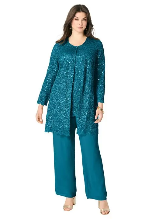 Roaman's 3 Piece Allover Sequin Lace Jacket And Tank Pant Set - Deep Teal