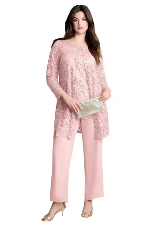ROAMAN'S 3-piece Sequin Lace Jacket And Tank Pant Set - Pale Blush
