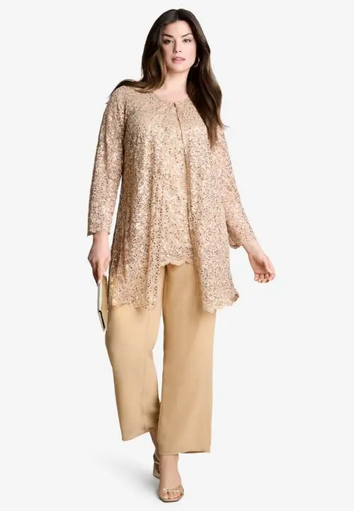 Roaman's Allover Sequin Lace Jacket, Tank, And Pant Set - Pale Blush