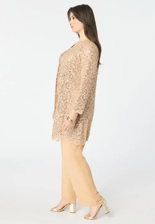 Roaman's Allover Sequin Lace Jacket, Tank, And Pant Set - Pale Blush