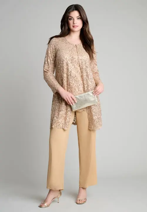 Roaman's Allover Sequin Lace Jacket, Tank, And Pant Set - Pale Blush