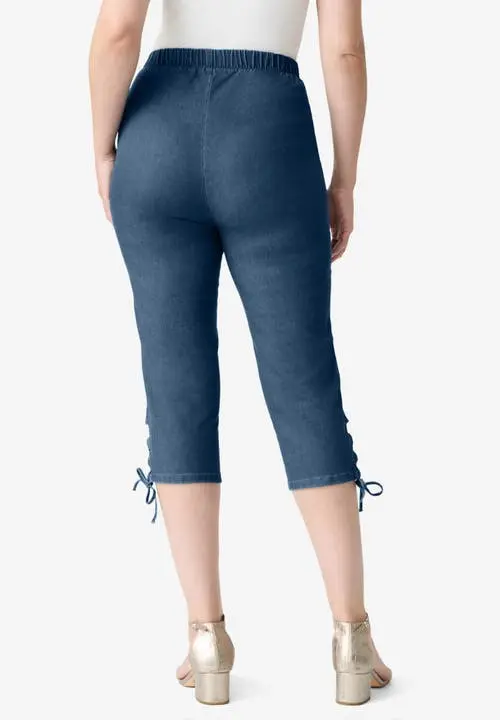 Roaman's Lace-up Capri Jeans - Medium Stonewash