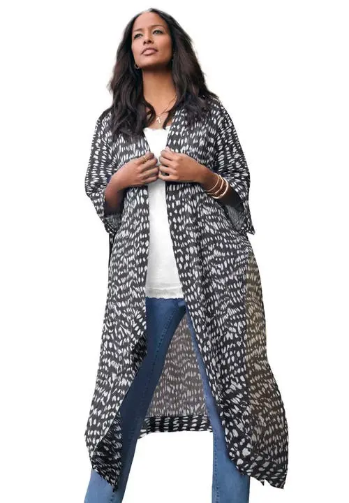 Roaman's Flowy Chiffon Duster With Printed Body And Side Slits - Black Ikat Texture