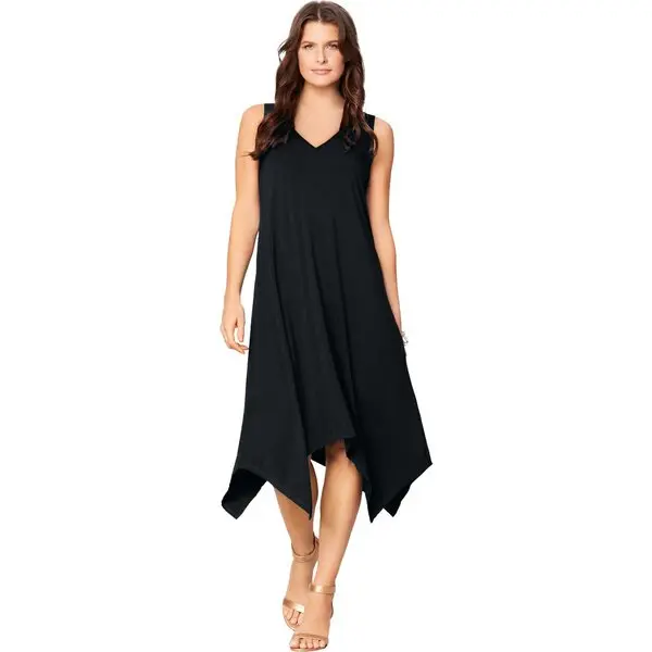 ROAMAN'S Sleeveless V-neck Stretch Knit Midi Dress With Handkerchief Hem - Black